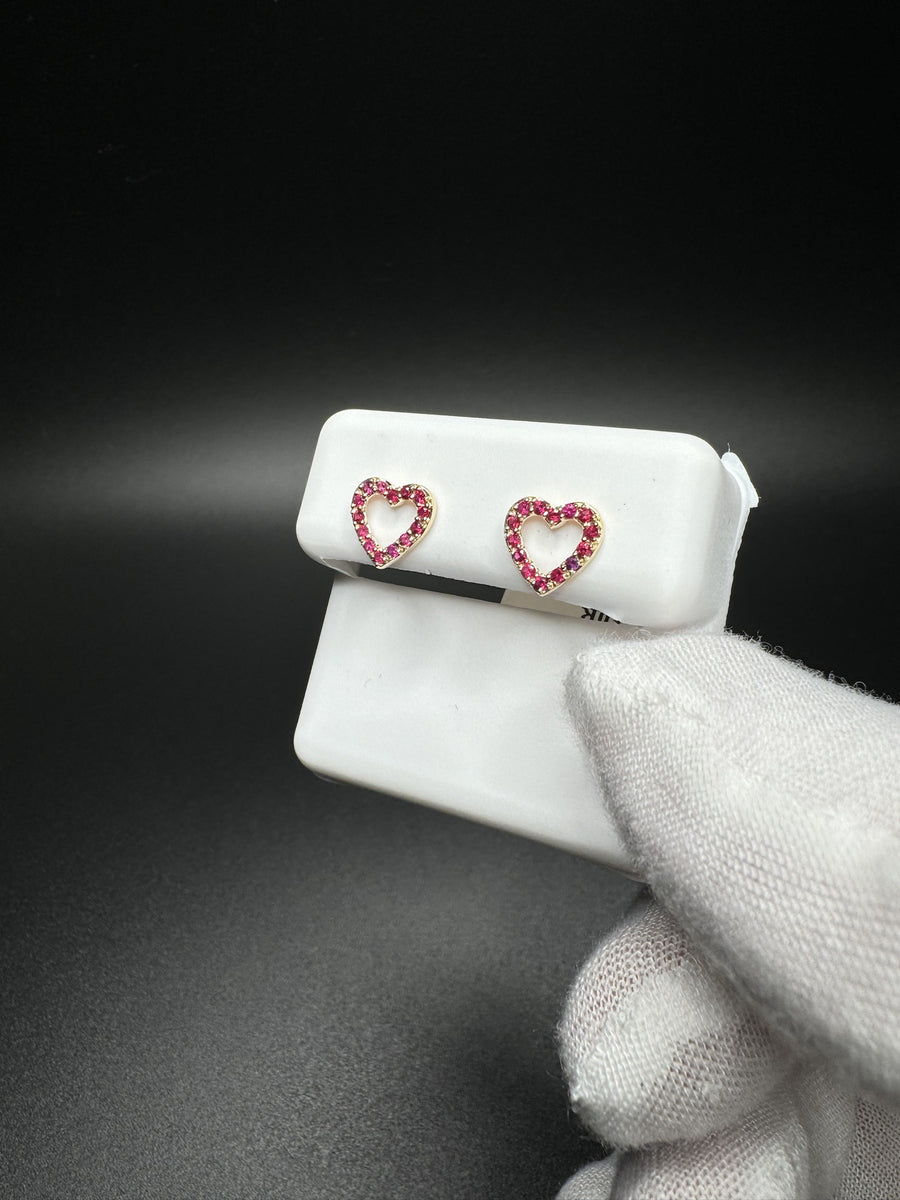 10mm 14k Yellow Gold Natural Ruby Heart Outline Studs .9g – O.F.J.